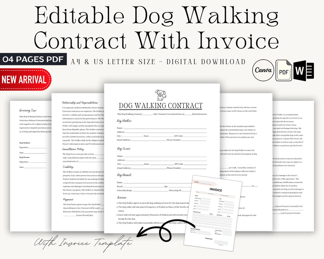 Dog Walking Service Agreement/contract Template, Editable & Printable ...