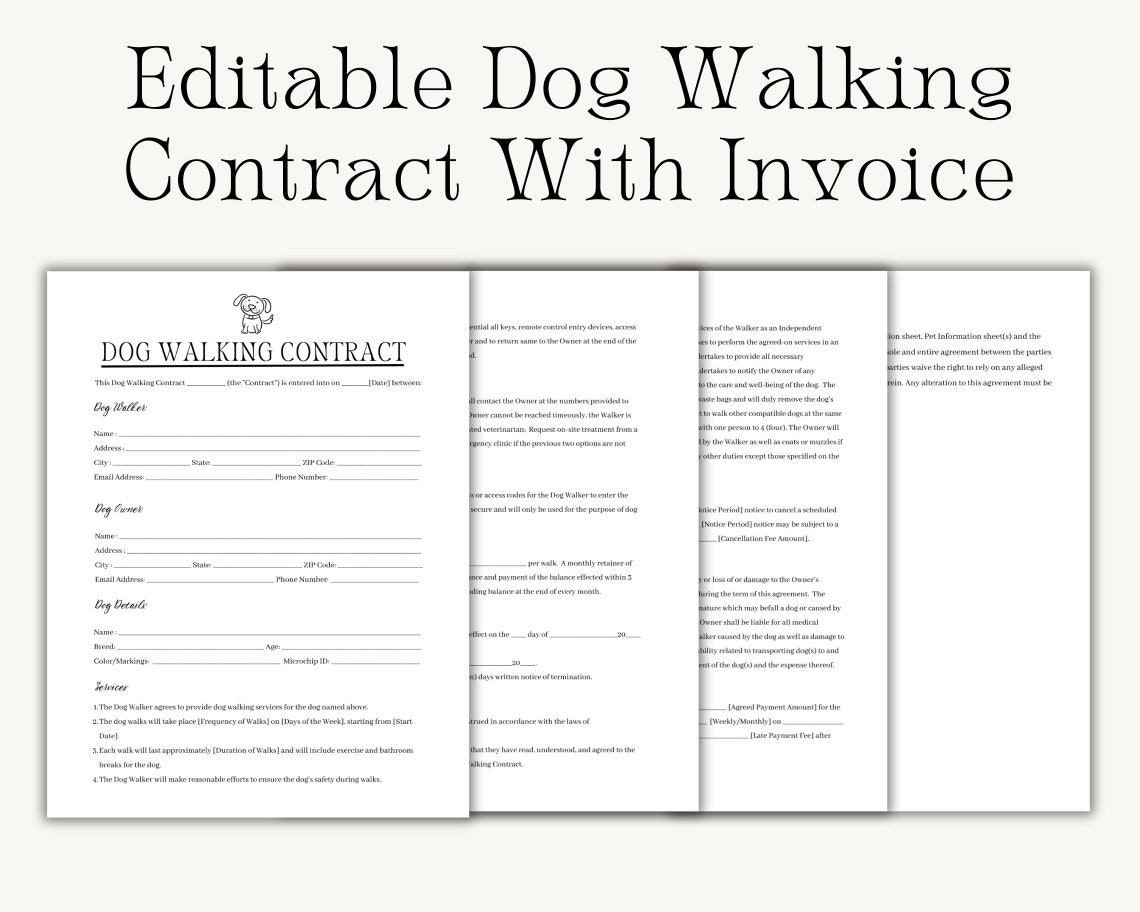 Dog Walking Service Agreement/contract Template, Editable & Printable ...