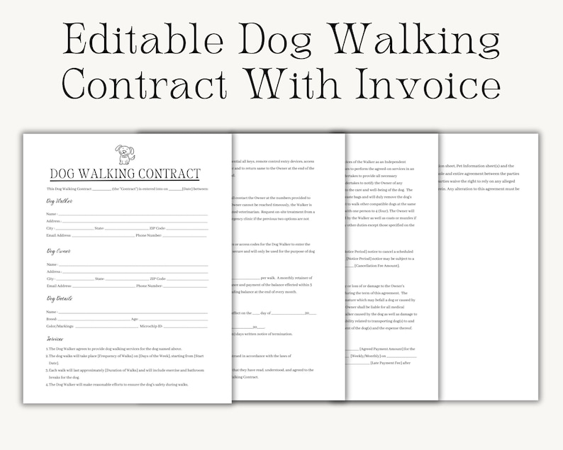 Dog Walking Service Agreement/contract Template, Editable & Printable ...