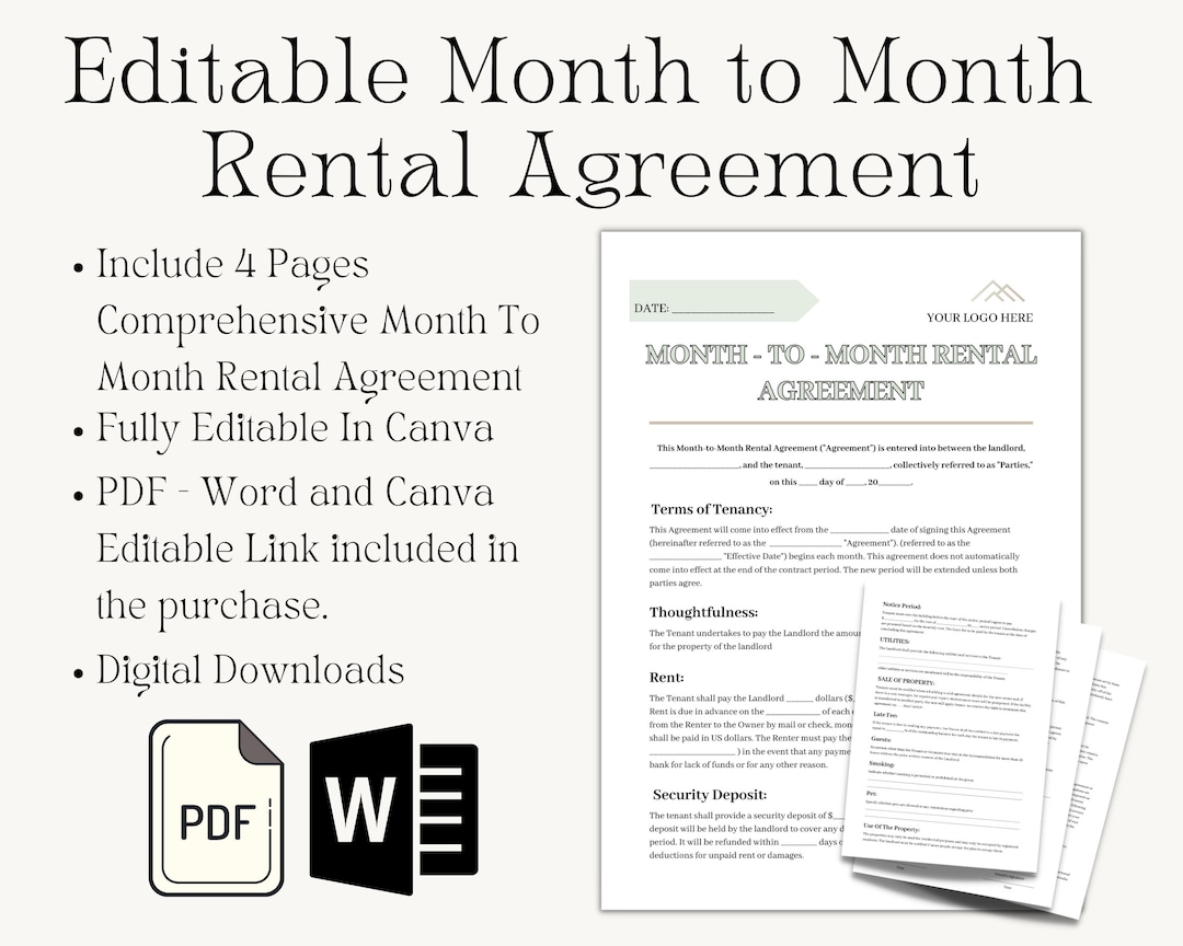 Editable Month to Month Rental Agreement, Residential Lease Agreement ...