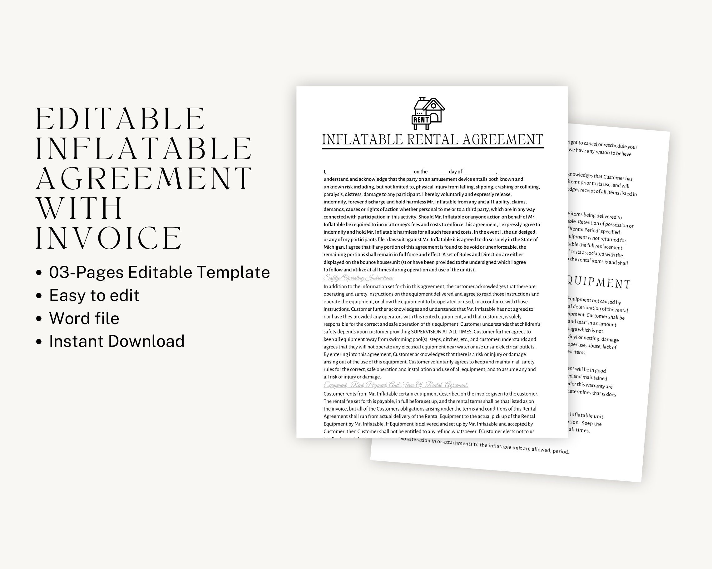 Inflatable Rental Agreement Template, DIY Editable, Inflatable Rent ...