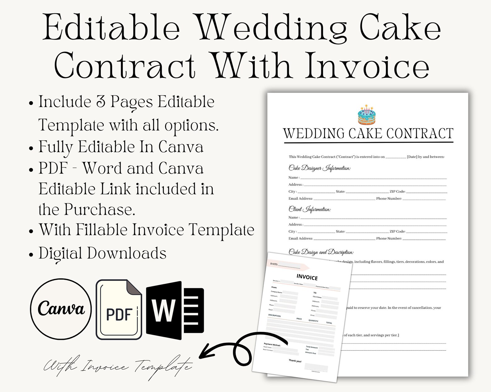 Editable Wedding Cake Contract Template, Wedding Cake Order Form ...