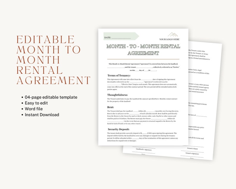 Editable Month to Month Rental Agreement, Residential Lease Agreement ...