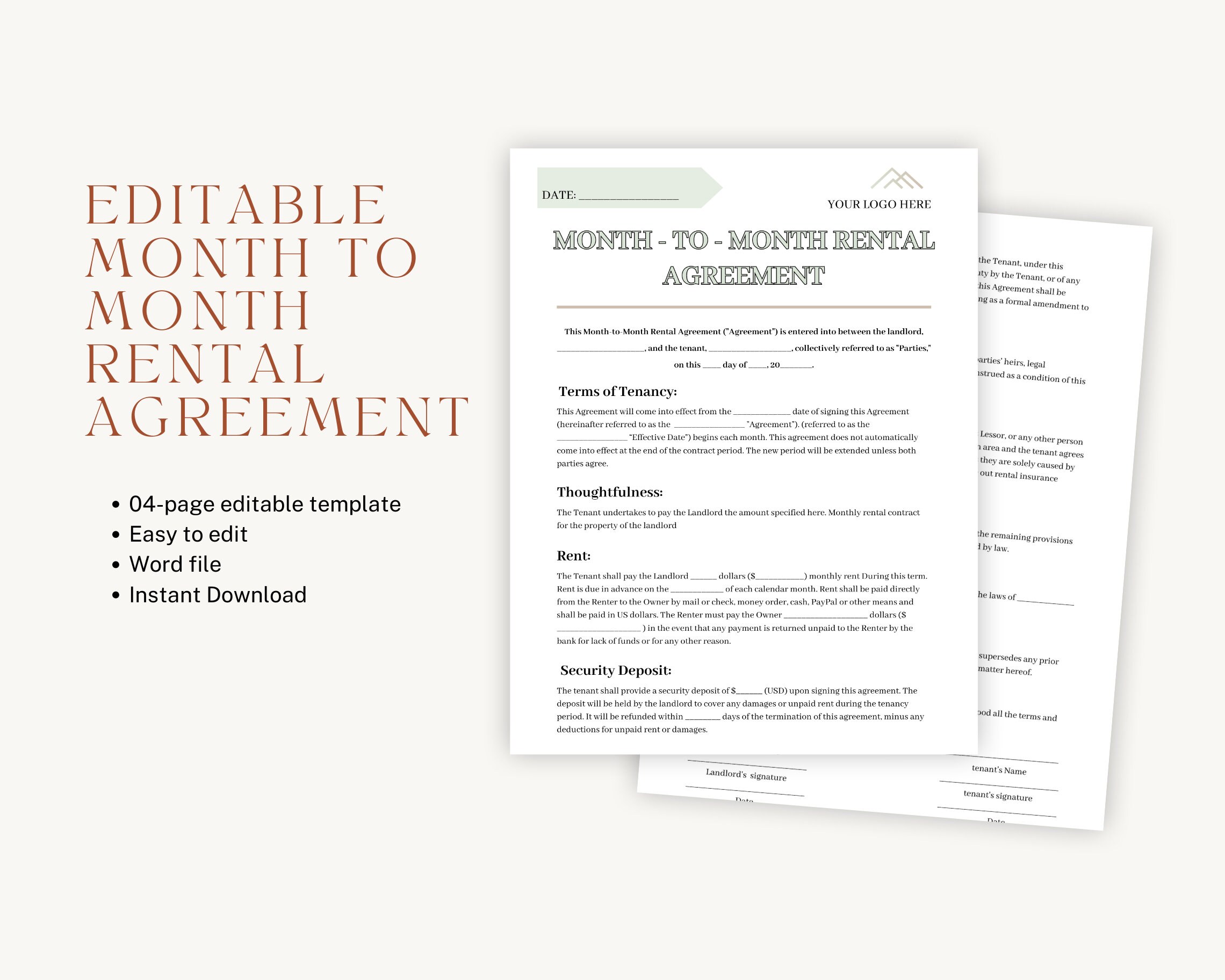 Editable Month to Month Rental Agreement, Residential Lease Agreement ...