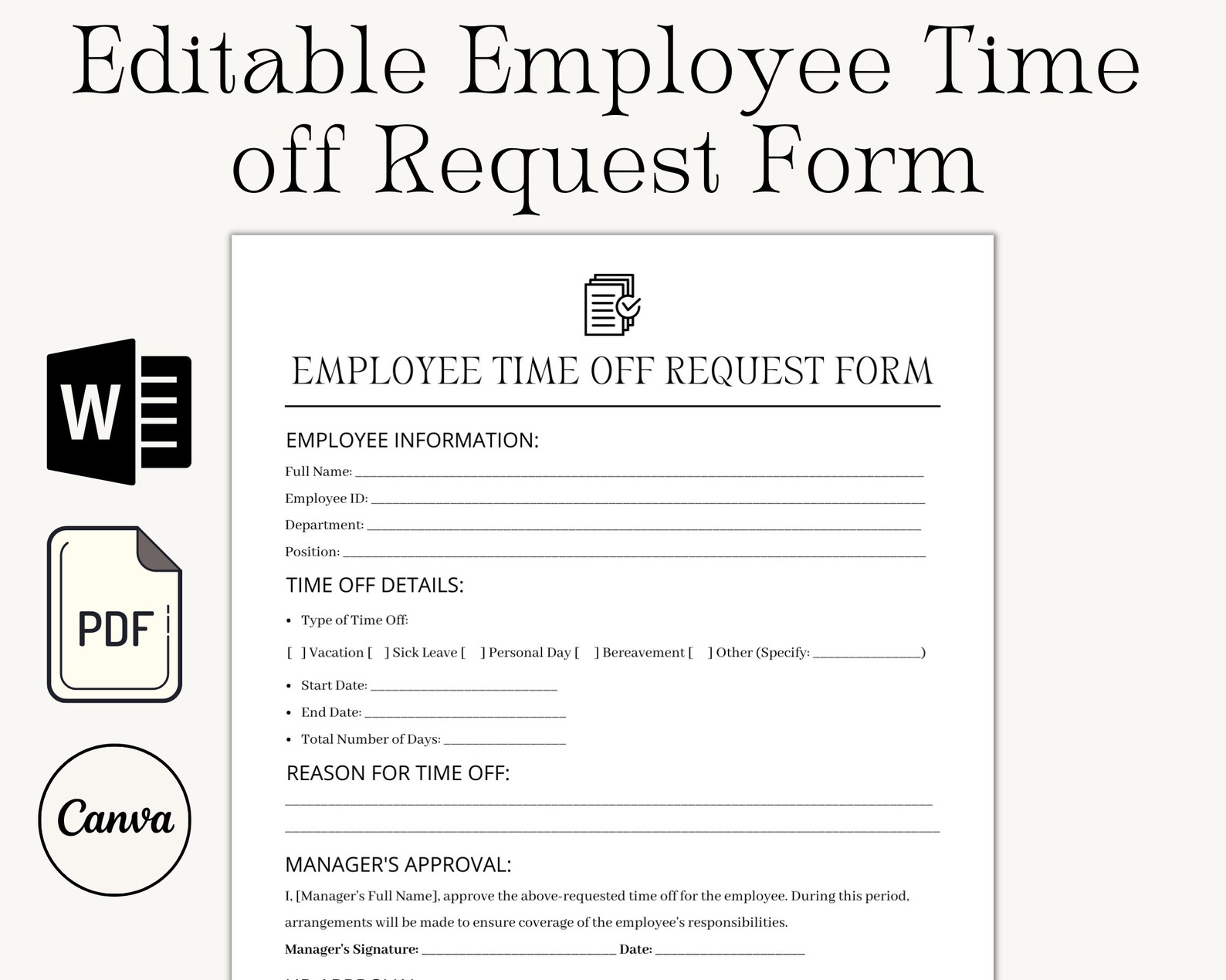 Employee Time-off Request Template, Vacation Request Form, PTO Request ...