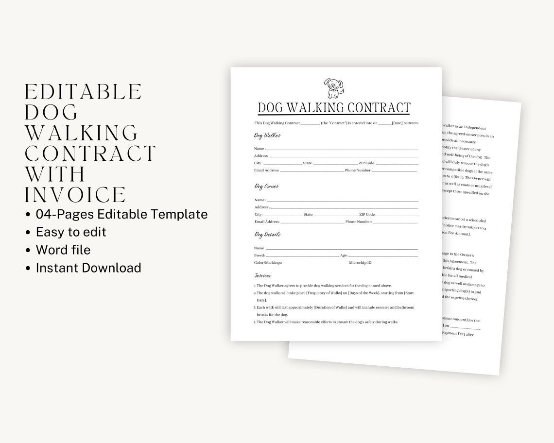 Dog Walking Service Agreement/contract Template, Editable & Printable ...