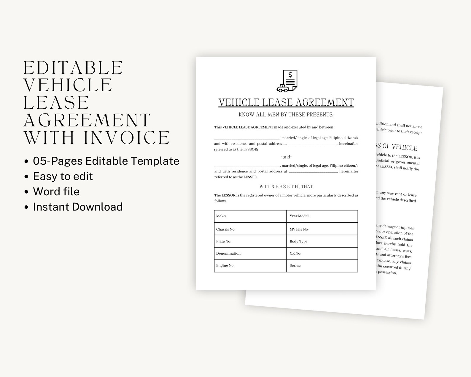 Editable Vehicle Lease Contract Agreement, Motor Vehicle Sale Contract ...