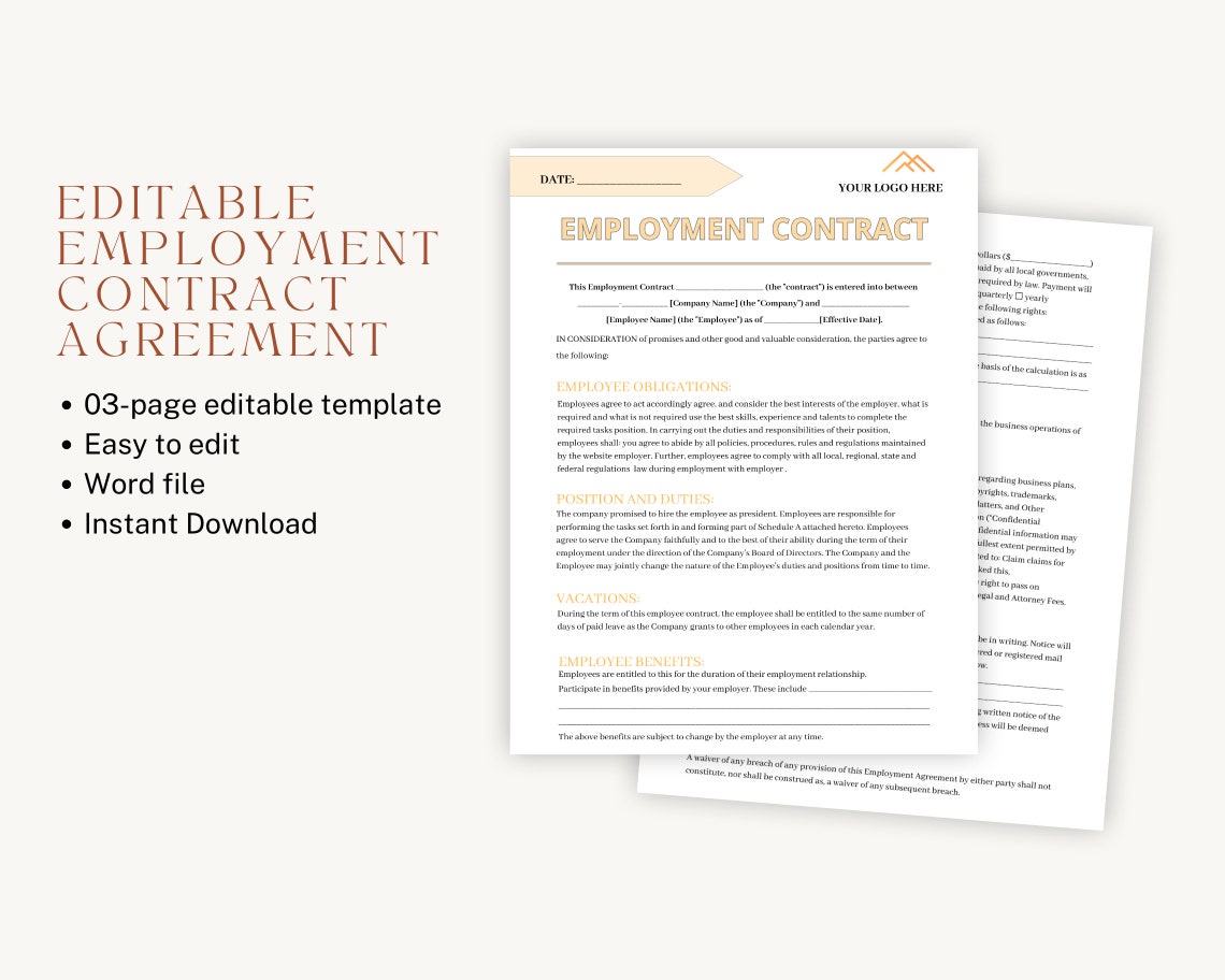 Editable Employment Contract Agreement Template, Employment Job Service ...
