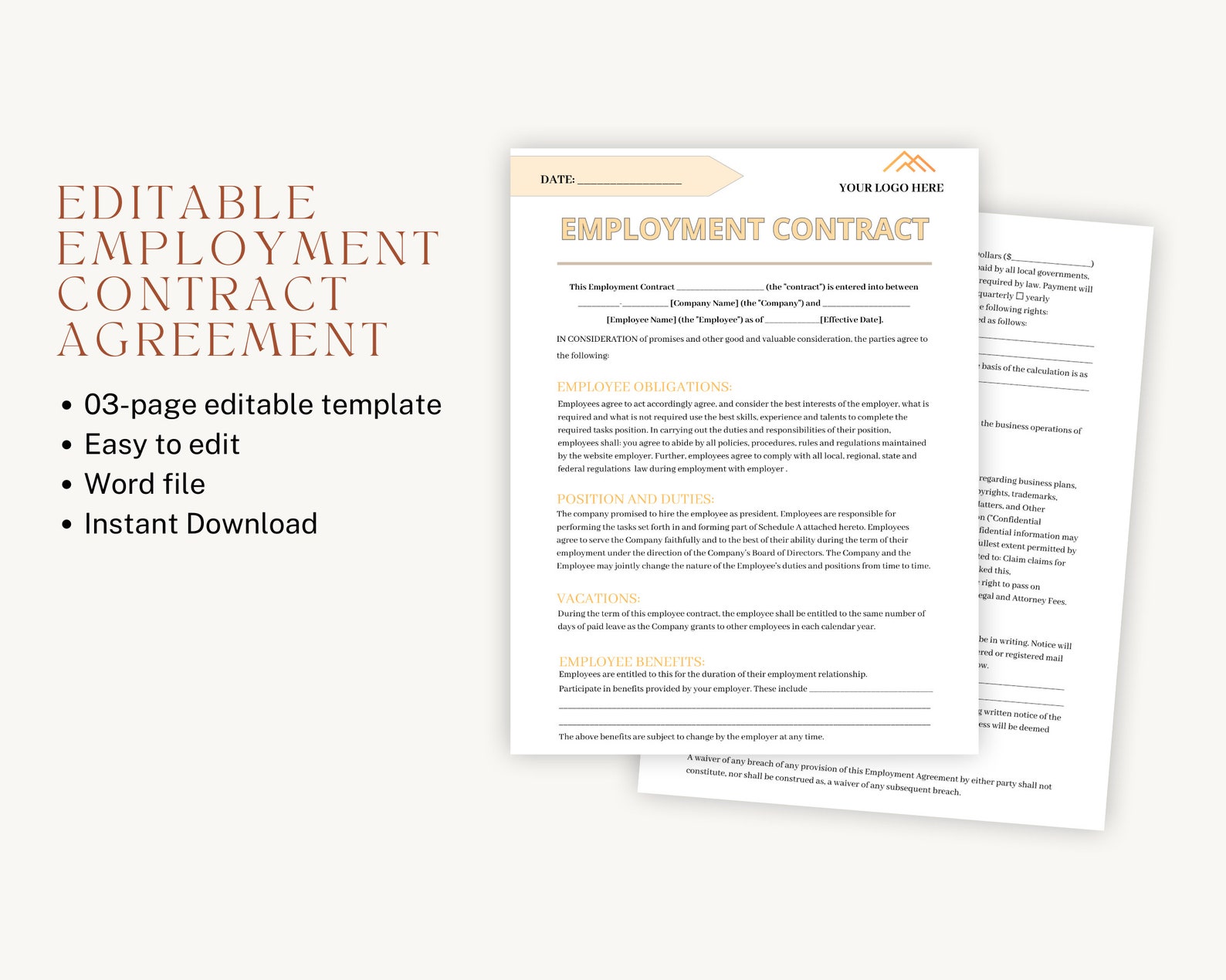 Editable Employment Contract Agreement Template, Employment Job Service ...