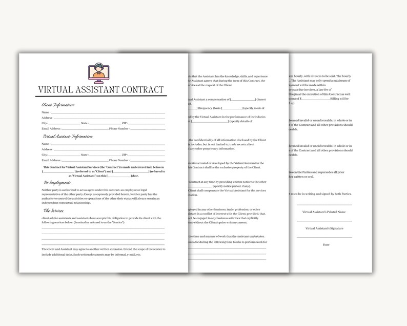 Editable Virtual Assistant Contract, VA Contract Template, Social Media ...