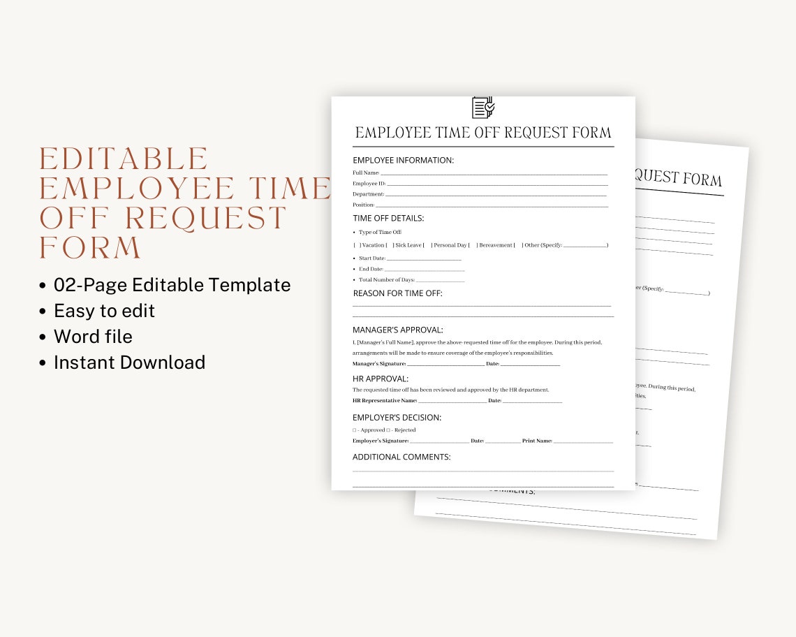 Employee Time-off Request Template, Vacation Request Form, PTO Request ...