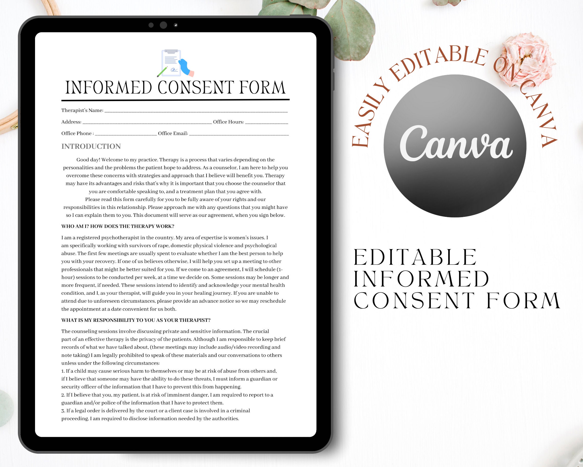 Editable General Informed Consent Form, Client Intake Form, Consent ...