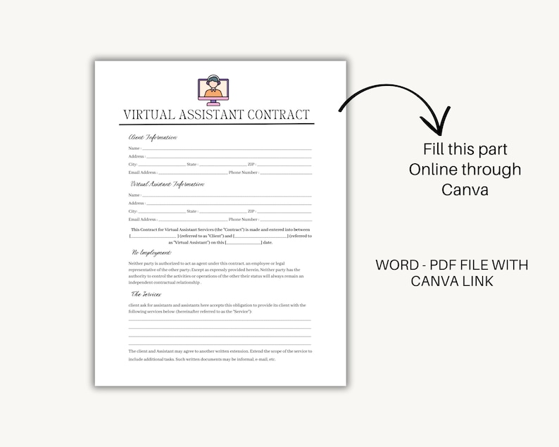 Editable Virtual Assistant Contract, VA Contract Template, Social Media ...