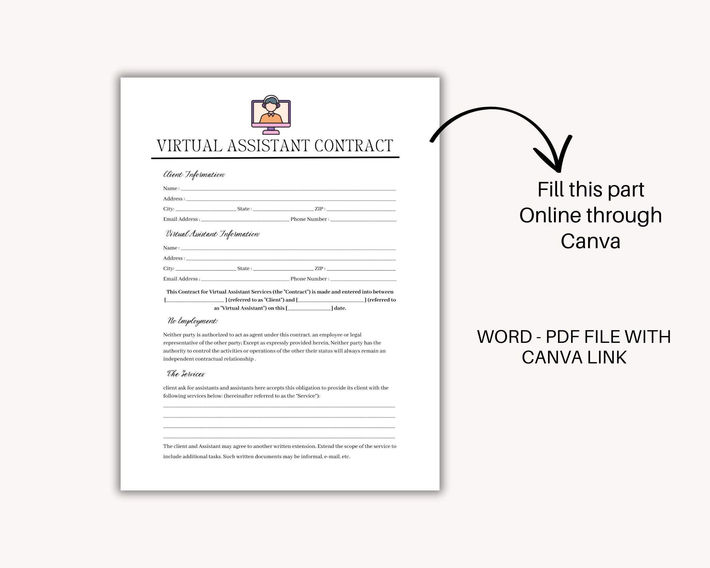 Editable Virtual Assistant Contract, VA Contract Template, Social Media ...