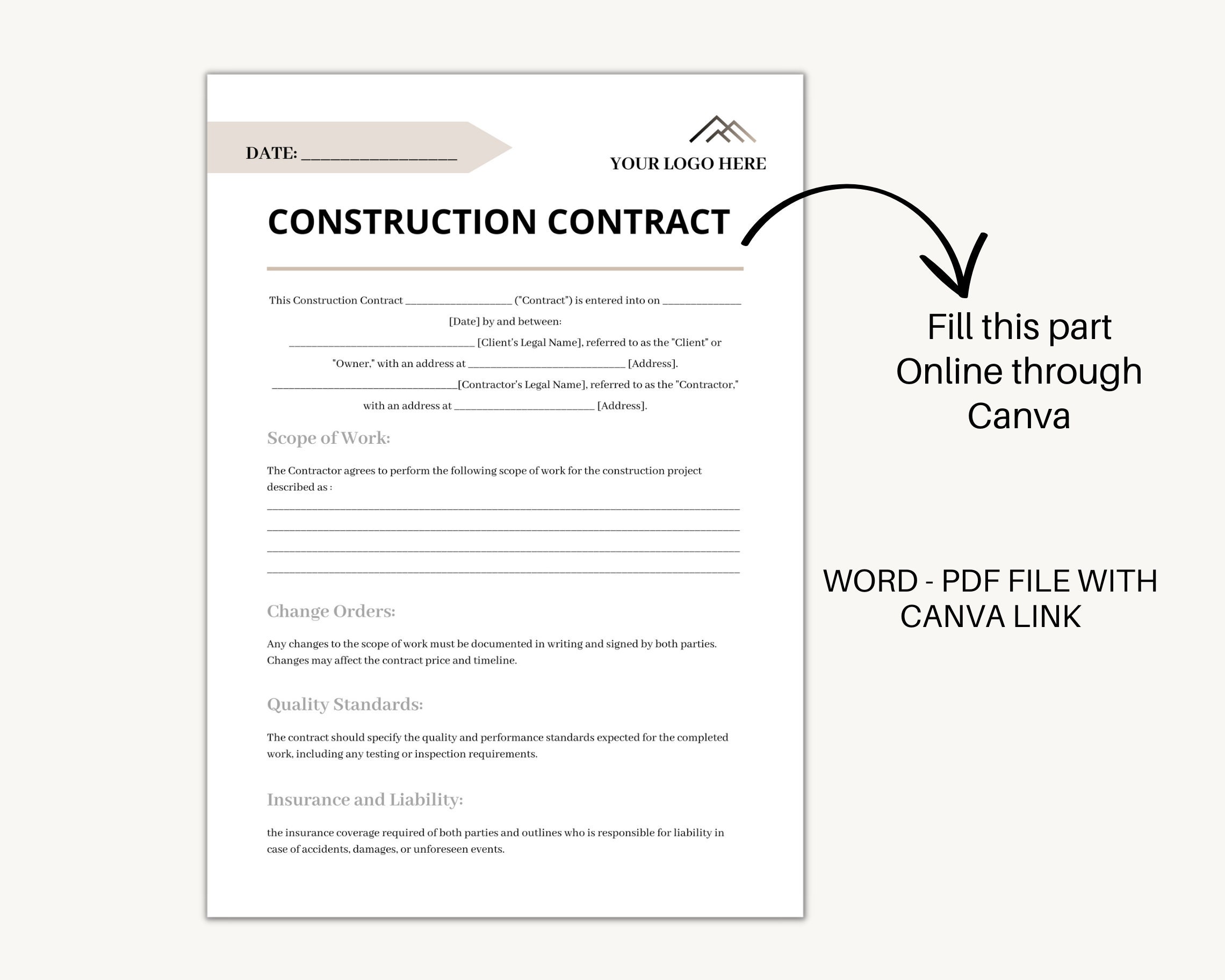Editable Construction Contract Template, Contractor Contract Agreement ...