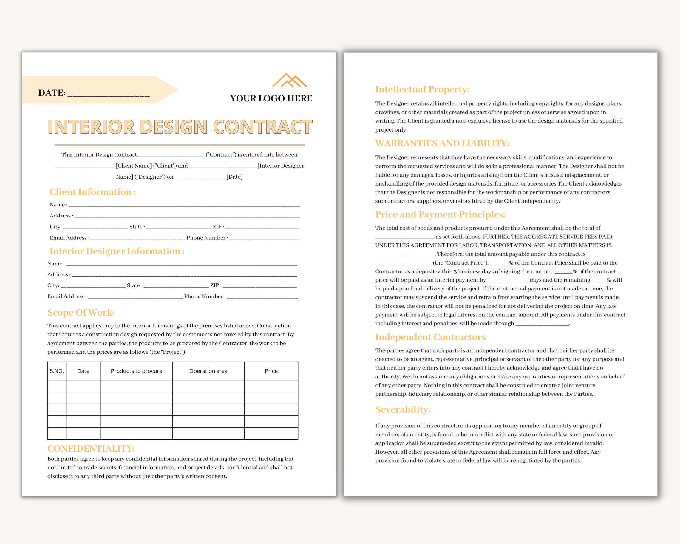 Editable Interior Design Contract Template, Interior Designer Service ...