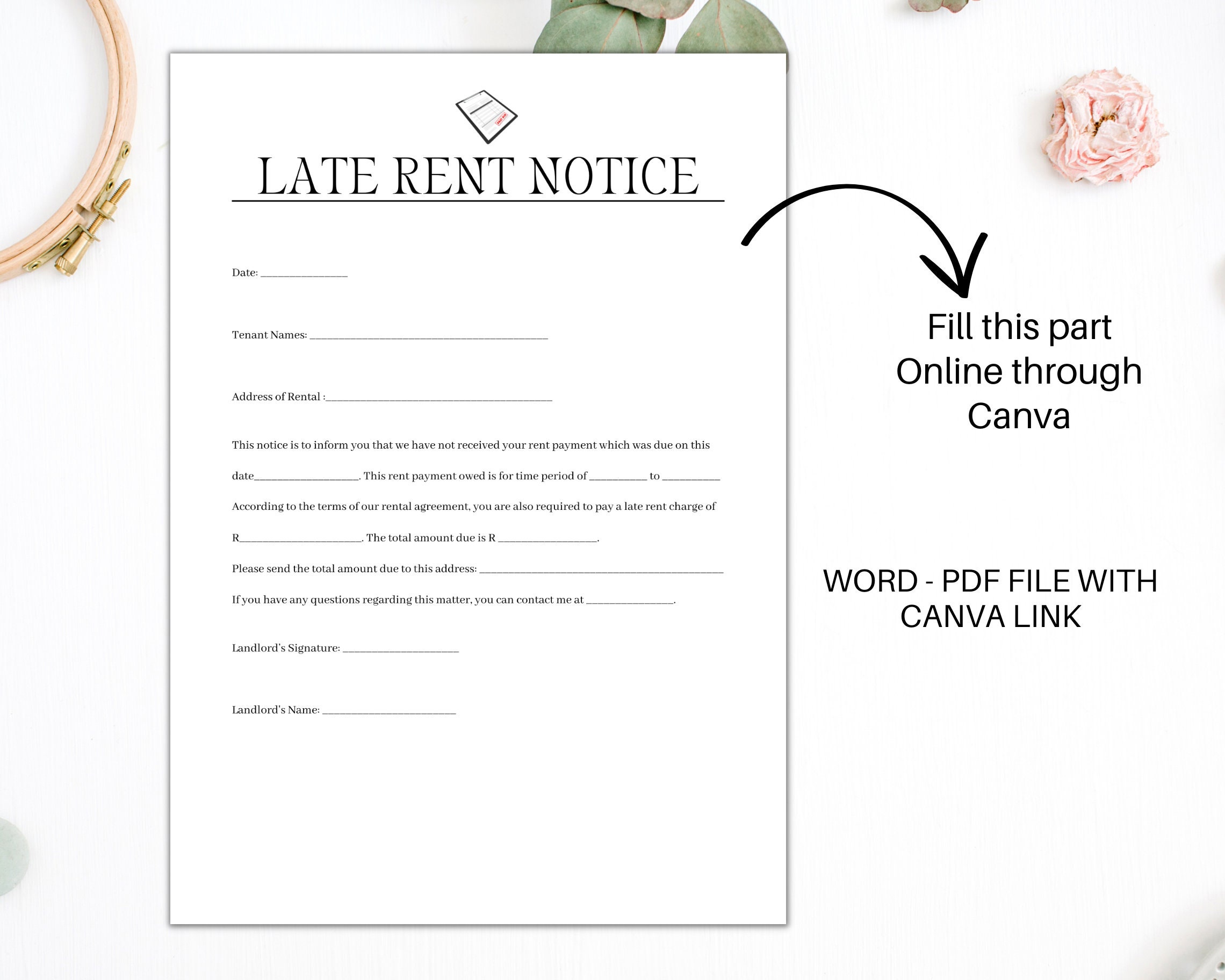 Late Rent Notice, Google Docs/microsoft Word, Late Rent Payment ...