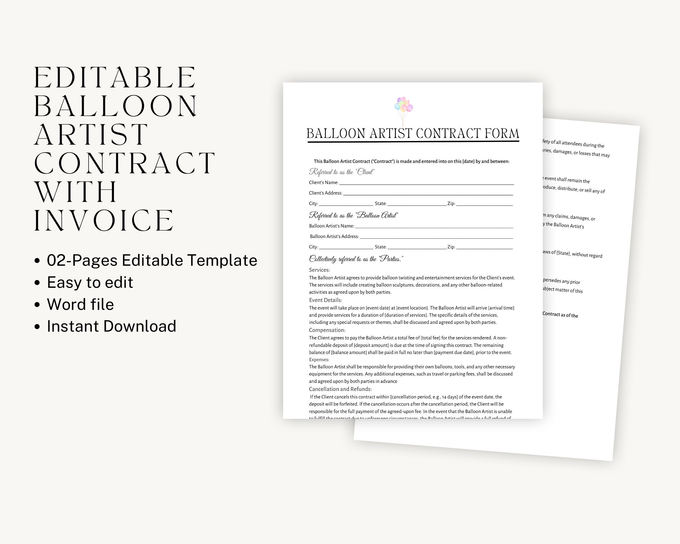 Balloon Artist Contract Template, Balloon Stylist Agreement, Balloon ...