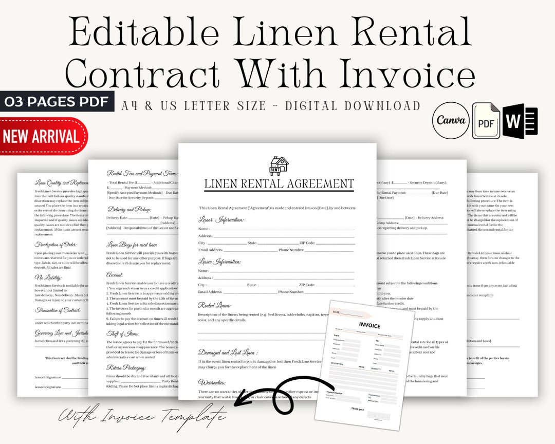 Linen Rental Contract Agreement, Editable Template, Lease Agreement ...