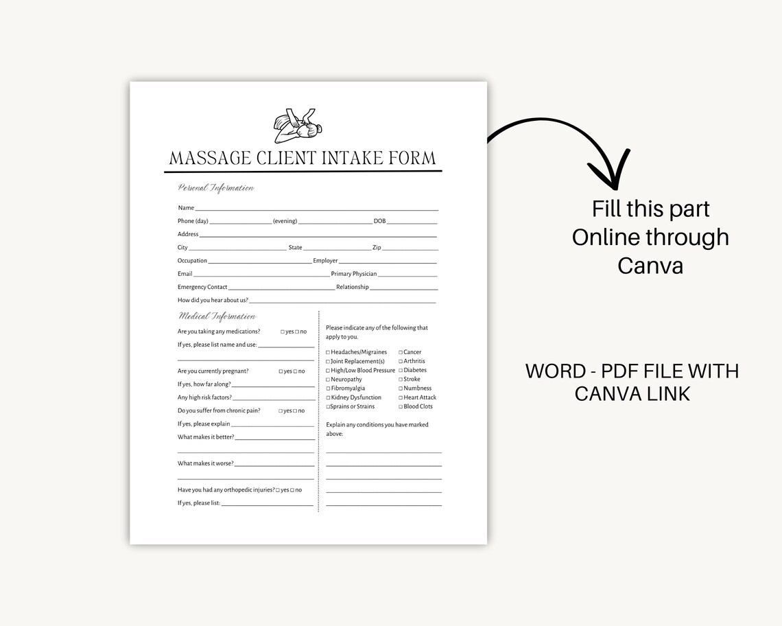 Professional Massage Intake Form, Massage Consent Form, Massage Therapist, Esthetician Forms ...