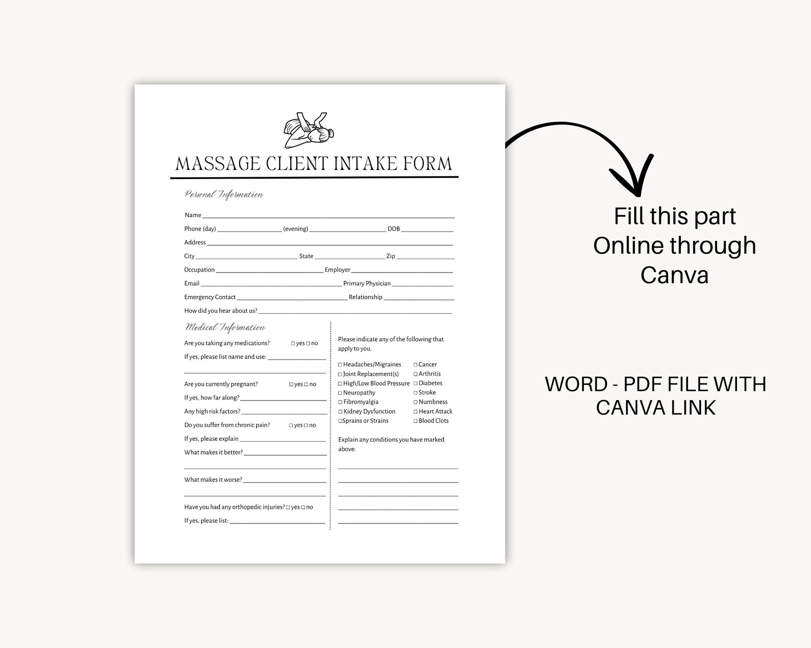 Professional Massage Intake Form, Massage Consent Form, Massage ...