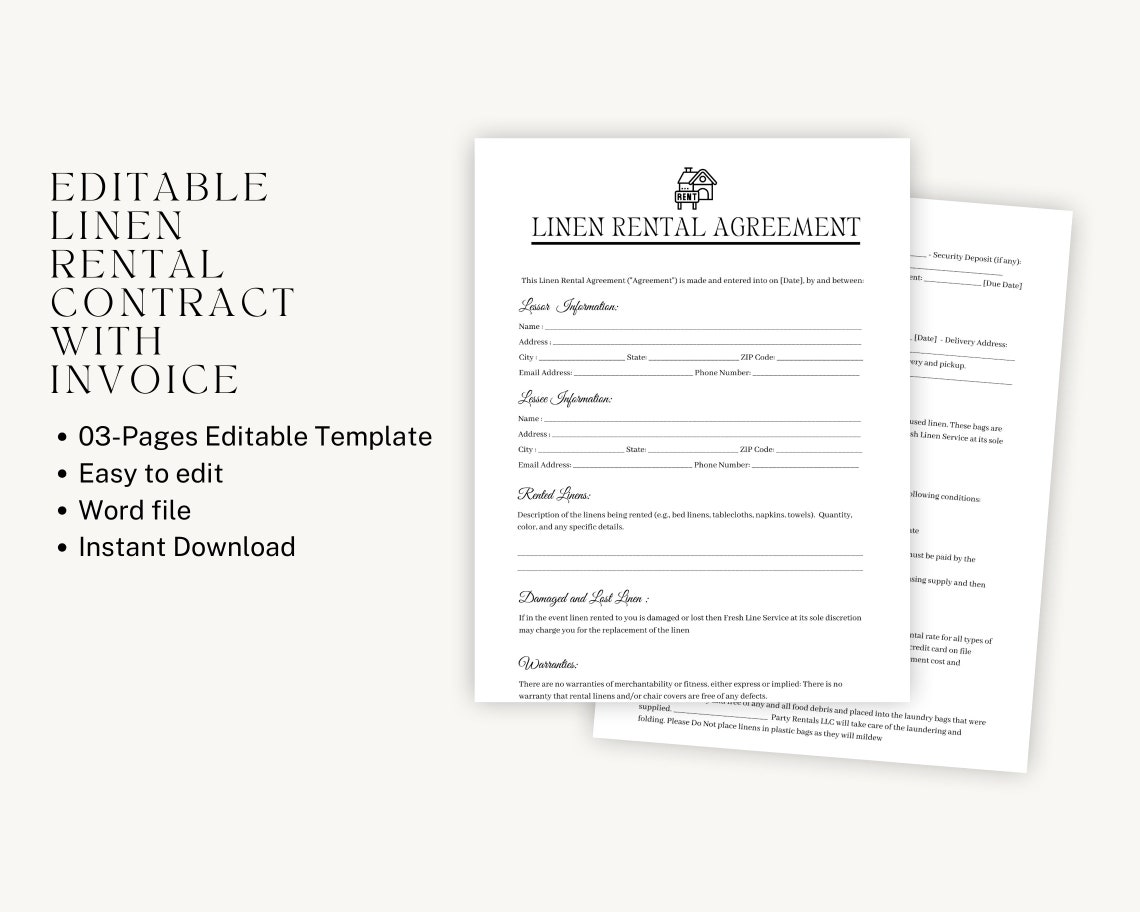 Linen Rental Contract Agreement, Editable Template, Lease Agreement ...