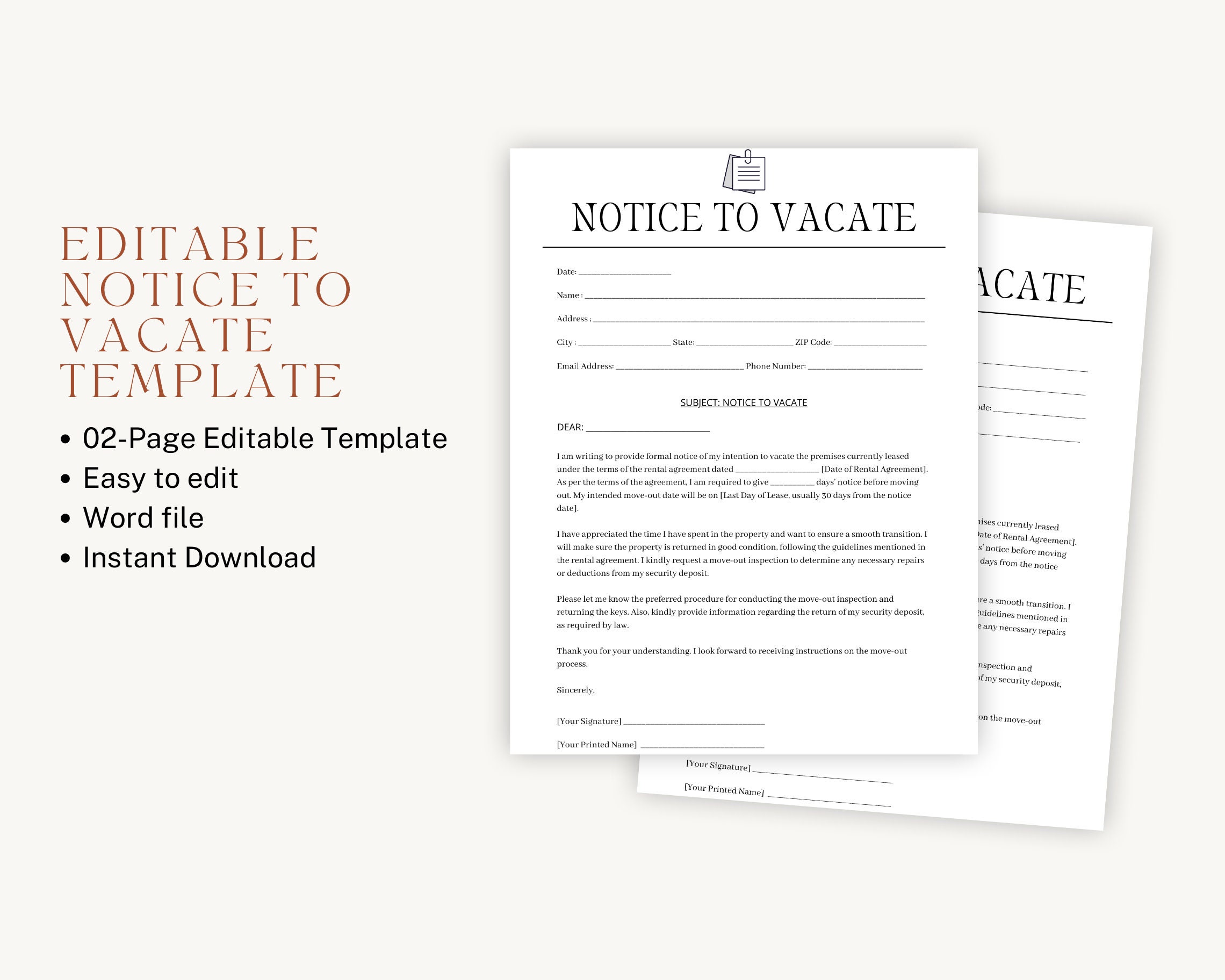 Notice to Vacate Template, Notice to Vacate Letter, Editable Notice to ...