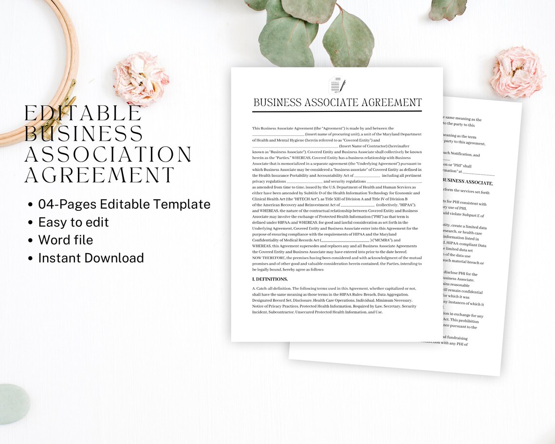 Editable Business Association Agreement Service Agreement - Etsy