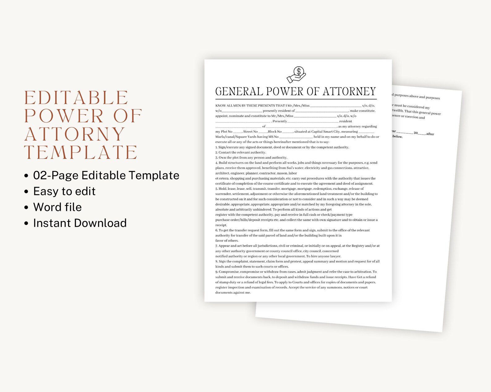 Editable Power of Attorney Template With Invoice Digital Downloads, POA ...