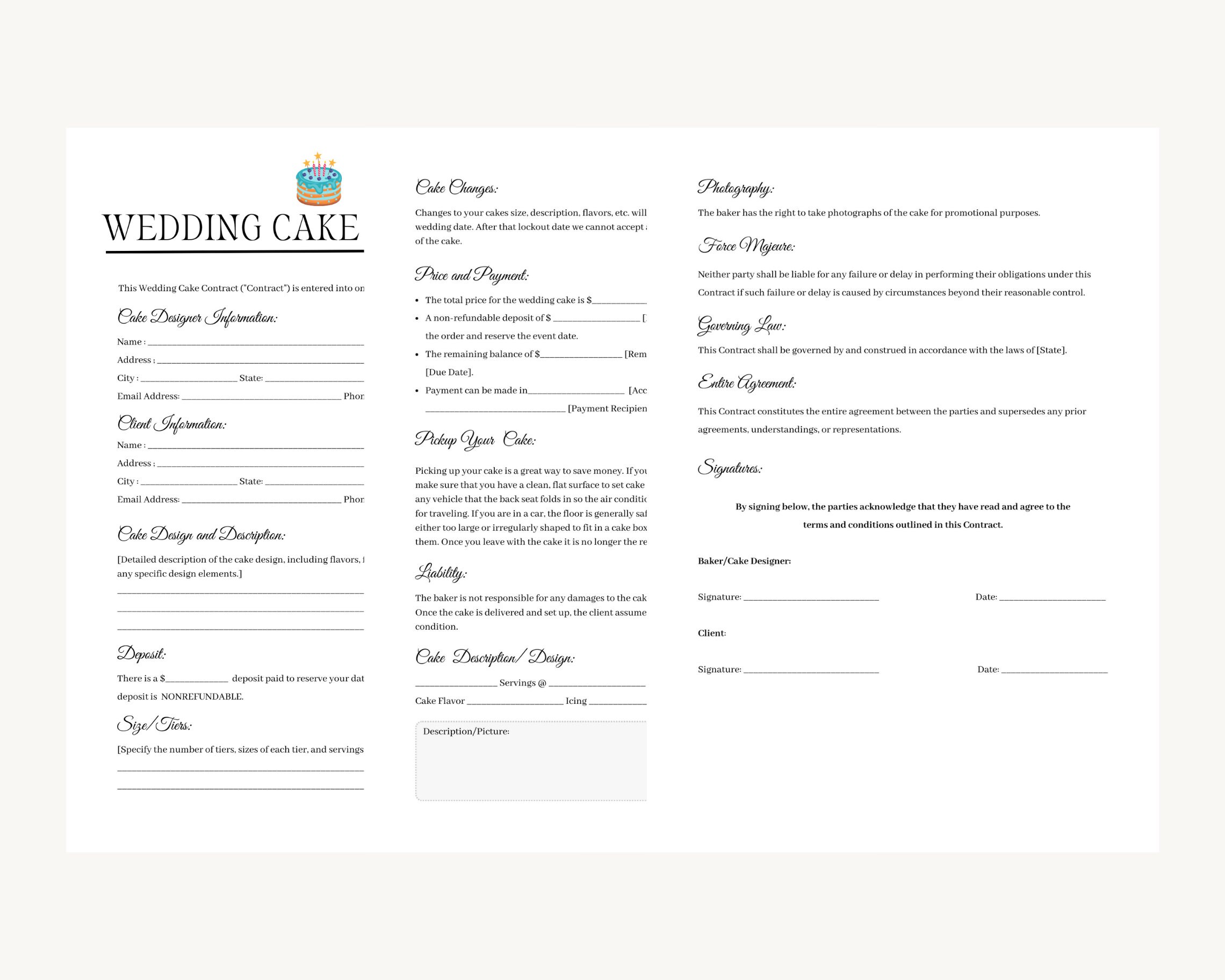 Editable Wedding Cake Contract Template, Wedding Cake Order Form ...