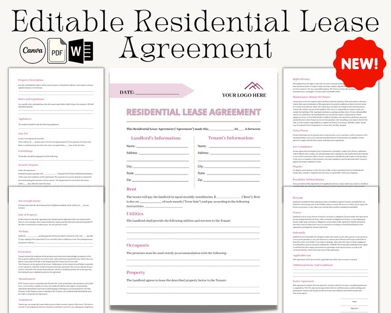 Editable Residential Lease Agreement Template, Rental Agreement ...