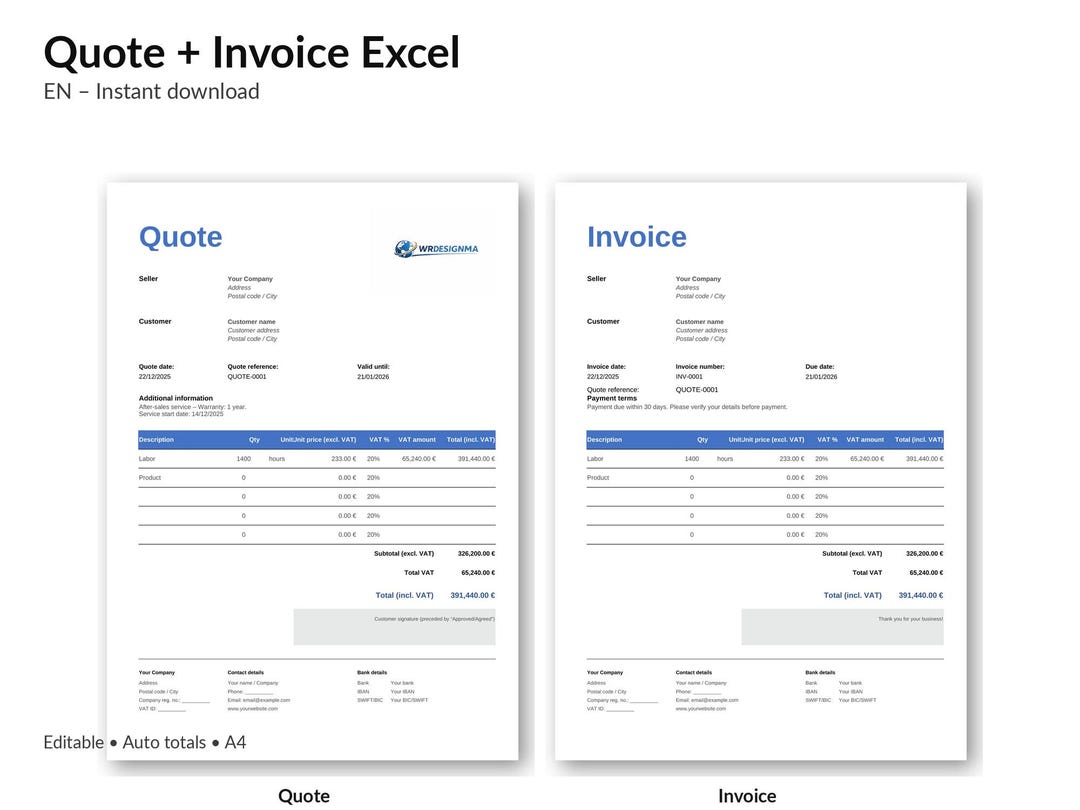 Quote + Invoice Template | Excel + PDF | A4 | Instant Download ...