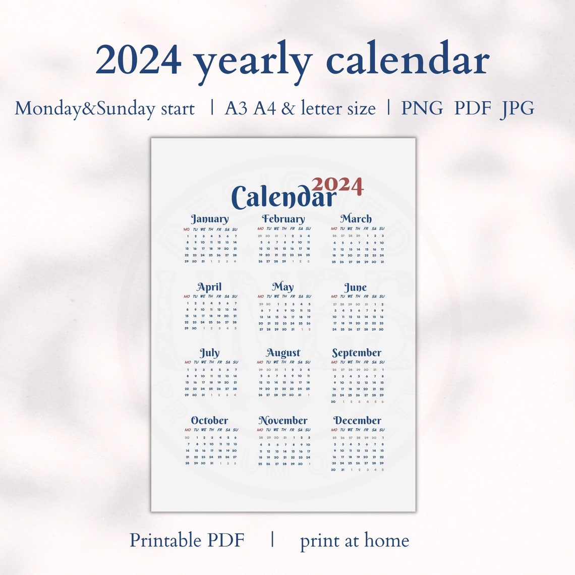 2024 Yearly Calendar Printable 2024 Calendar Vertical Calendar 2024 ...