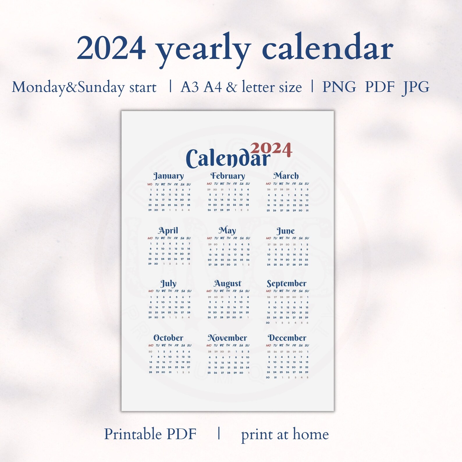 2024 Yearly Calendar Printable 2024 Calendar Vertical Calendar 2024 ...
