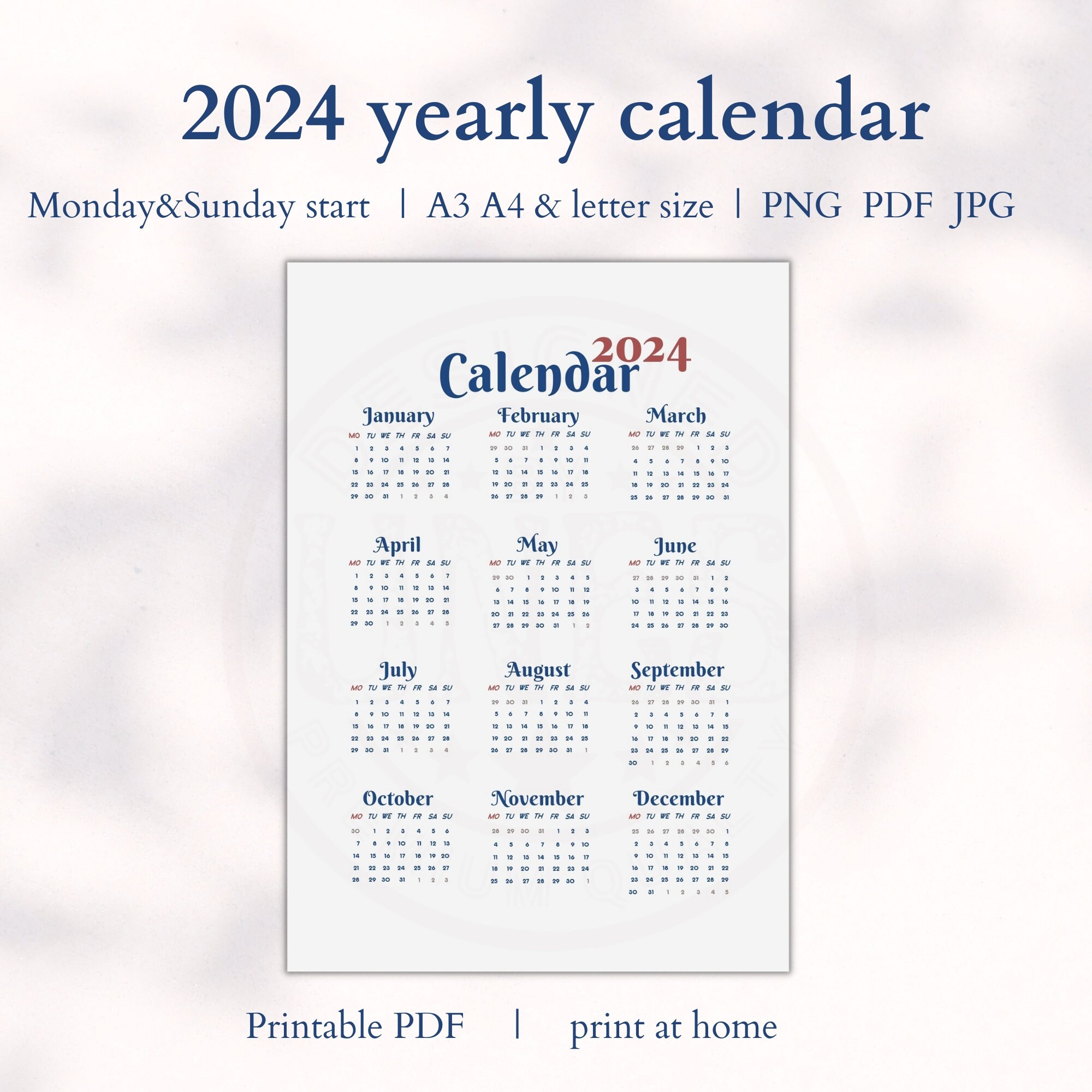 2024 Yearly Calendar Printable 2024 Calendar Vertical Calendar 2024 ...