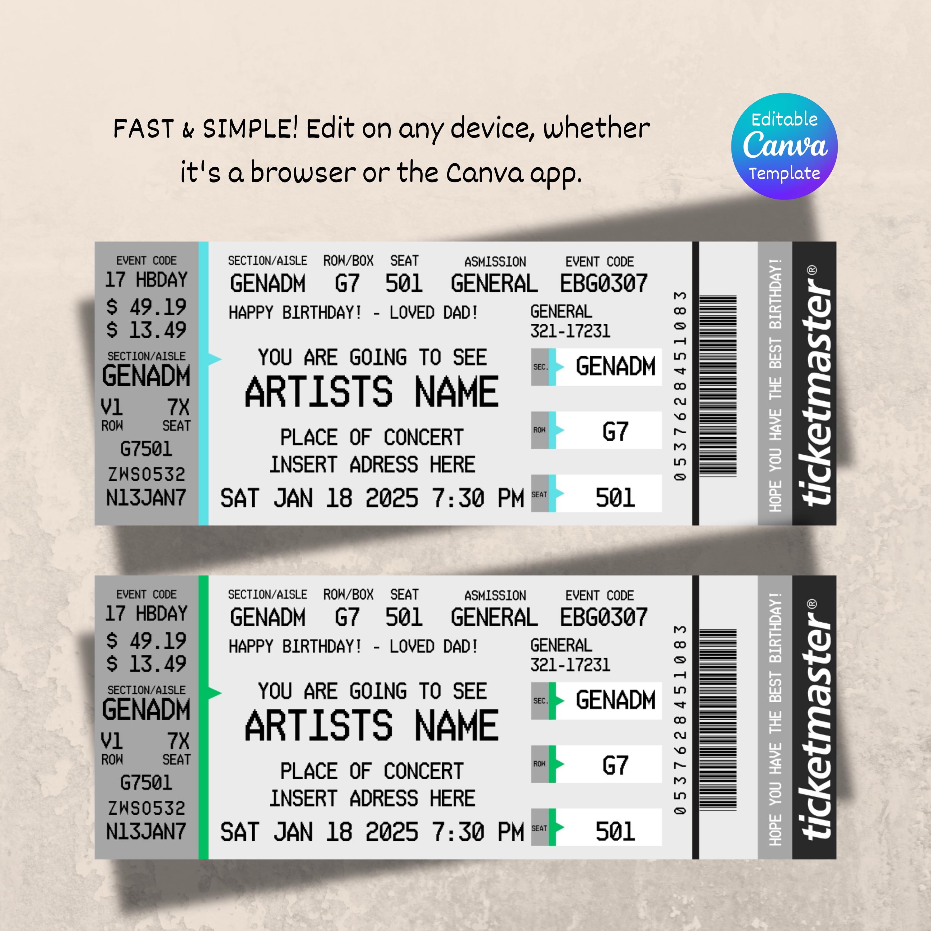 Customizable Concert Ticket Template: DIY Event Gift (digital Download ...