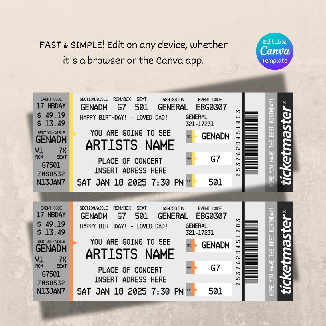 Customizable Concert Ticket Template: DIY Event Gift (digital Download ...