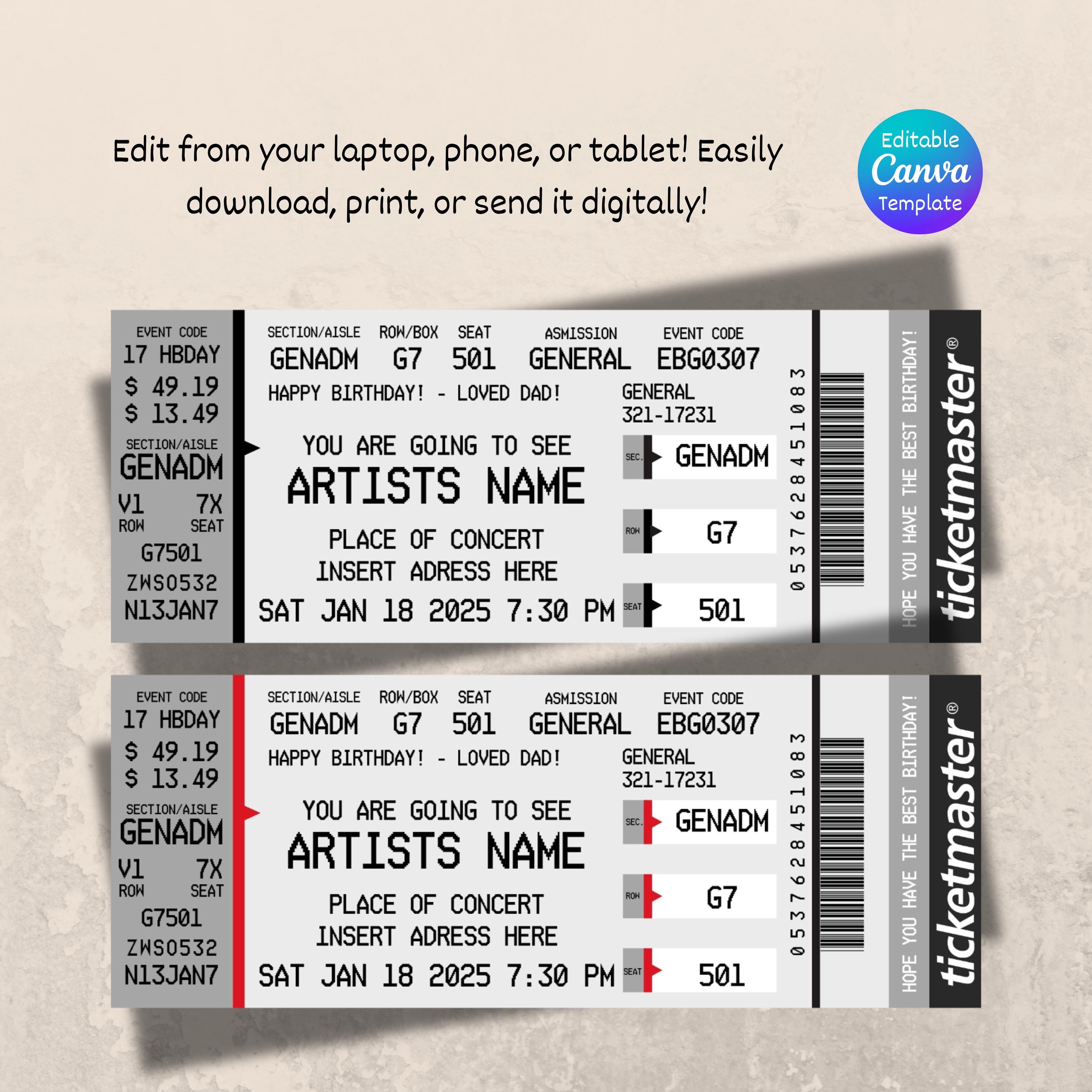 Ticketmaster Ticket | Concert Ticket Template | Surprise Concert ...