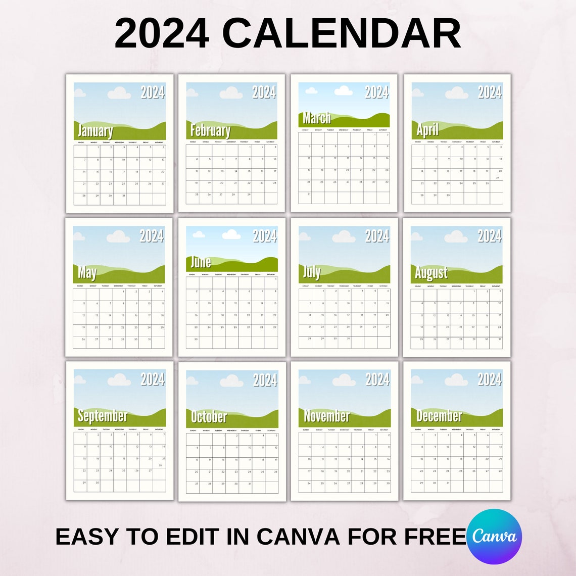 2024 Calendar Template With Photos Editable Calendar Canva Templates ...