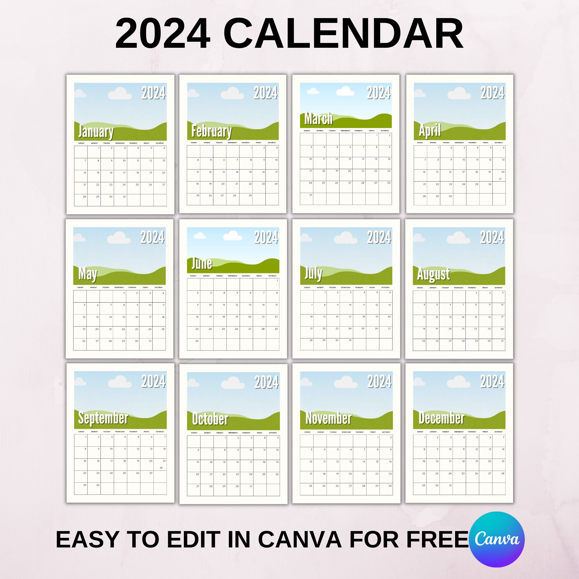 2024 Calendar Template With Photos Editable Calendar Canva Templates ...