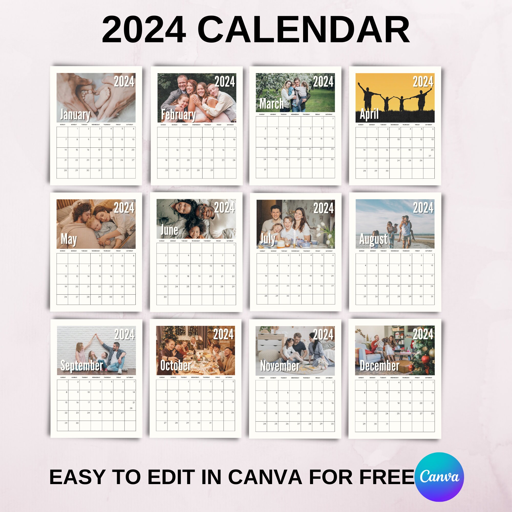 2024 Calendar Template With Photos Editable Calendar Canva Templates ...