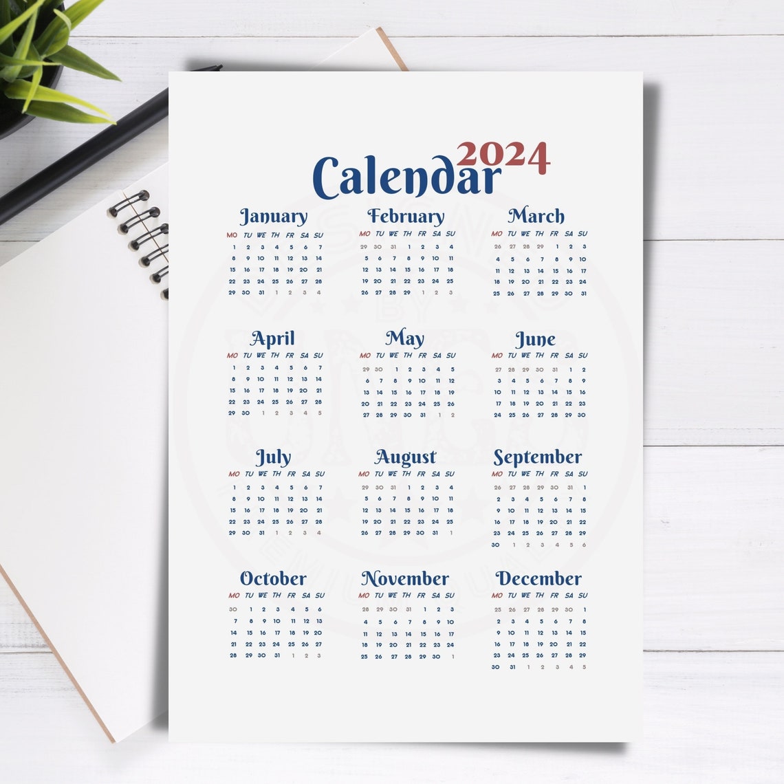 2024 Yearly Calendar Printable 2024 Calendar Vertical Calendar 2024 ...