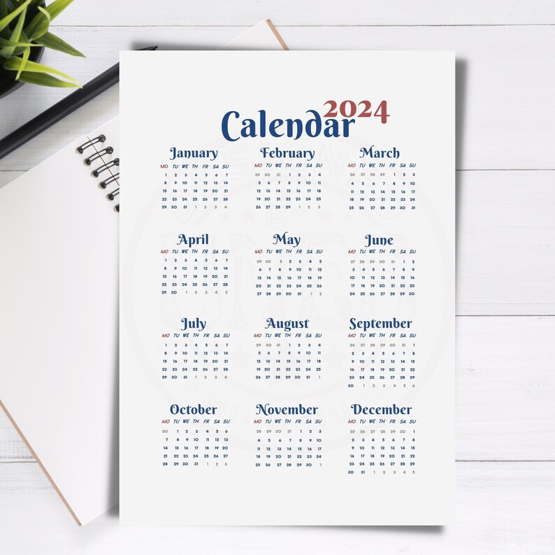 2024 Yearly Calendar Printable 2024 Calendar Vertical Calendar 2024 ...