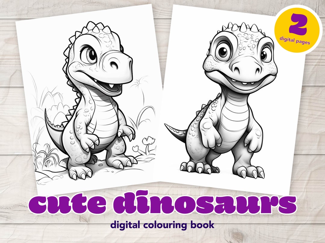 Adorable Dino Pals: Cute Dinosaurs Greyscale Digital Coloring Pages ...