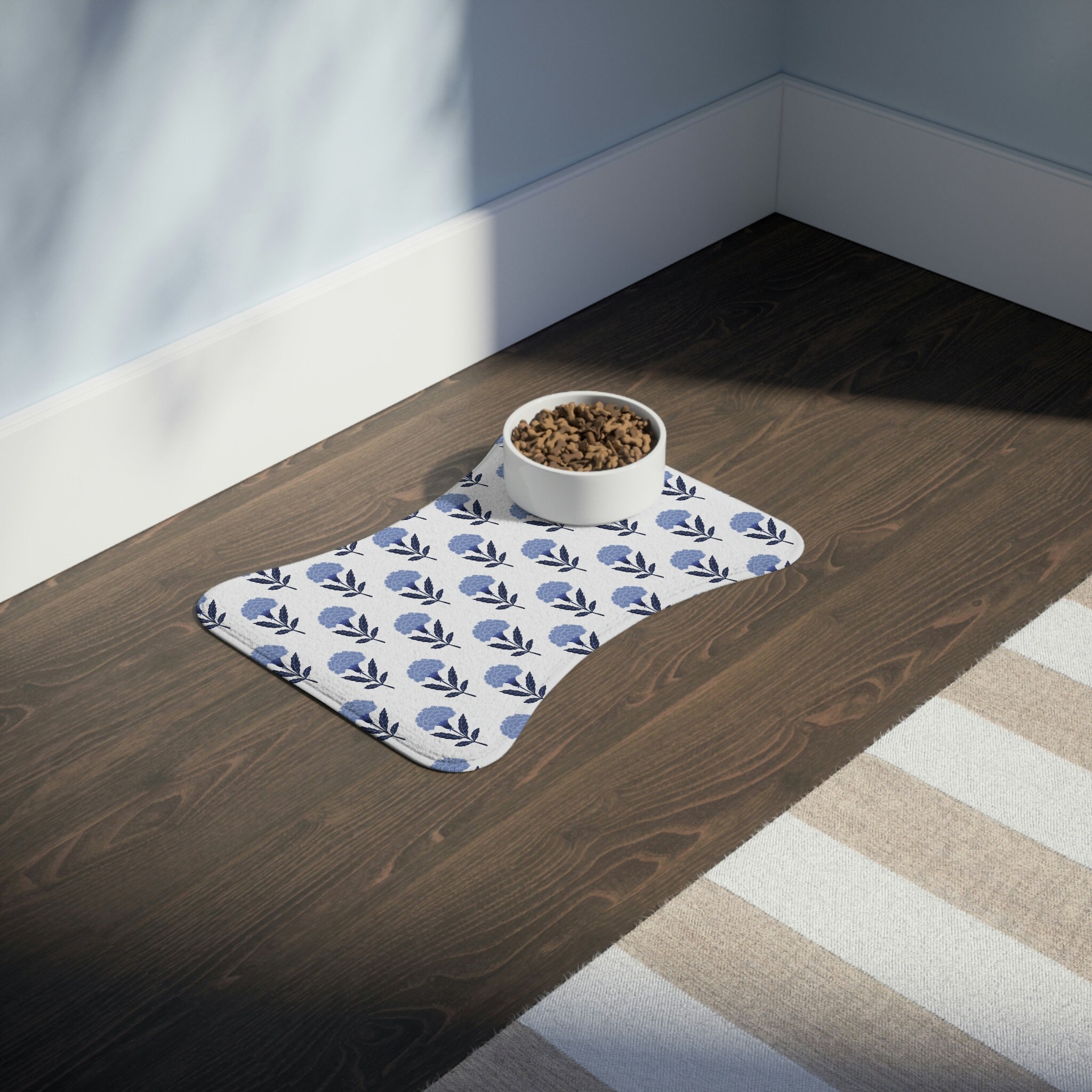 Dog Mat, Dog Bowl Mat, Blue and White Pet Mat, Bone Shaped Dog Mat ...