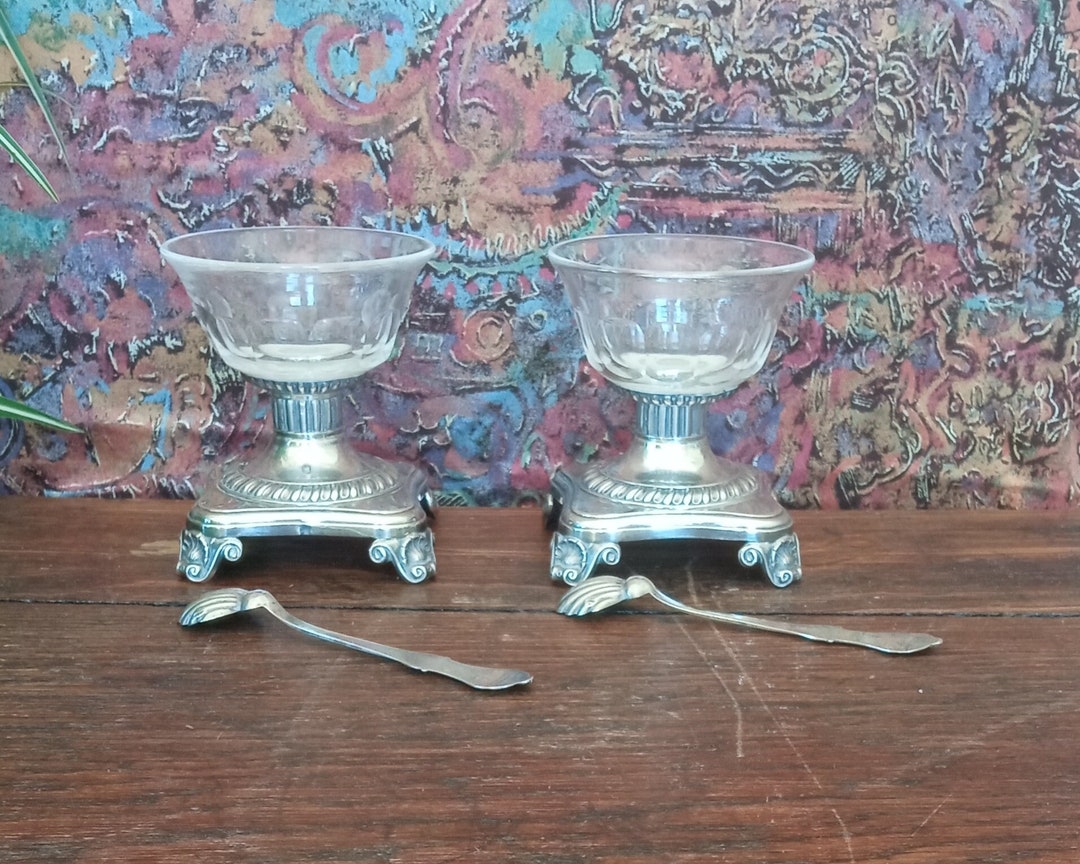 Pair of Salt Cellars With 2 Spoons - Solid Silver "minerva" and Crystal ...