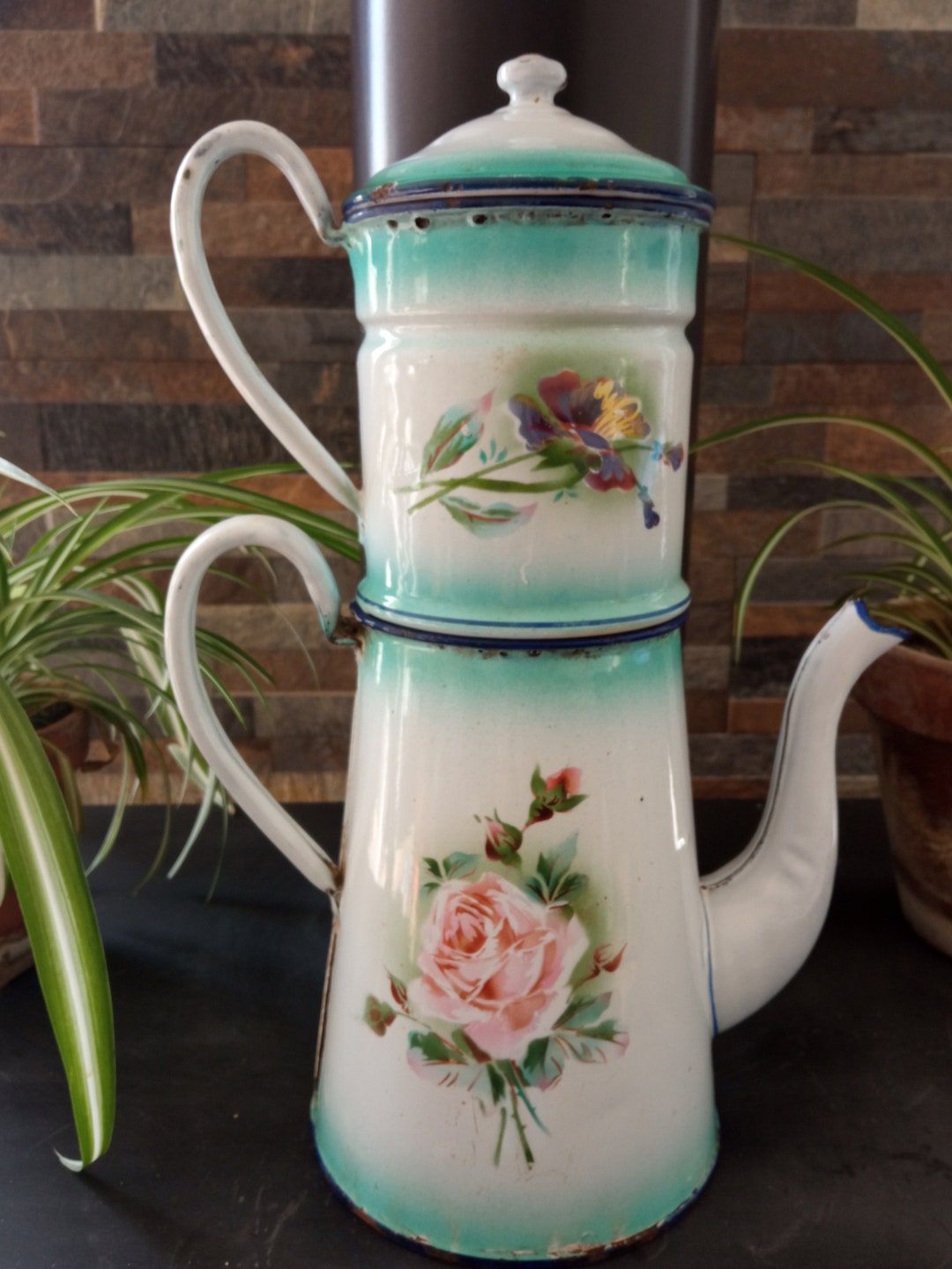 Old Enameled Sheet Metal Coffee Pot Floral Decoration - Etsy