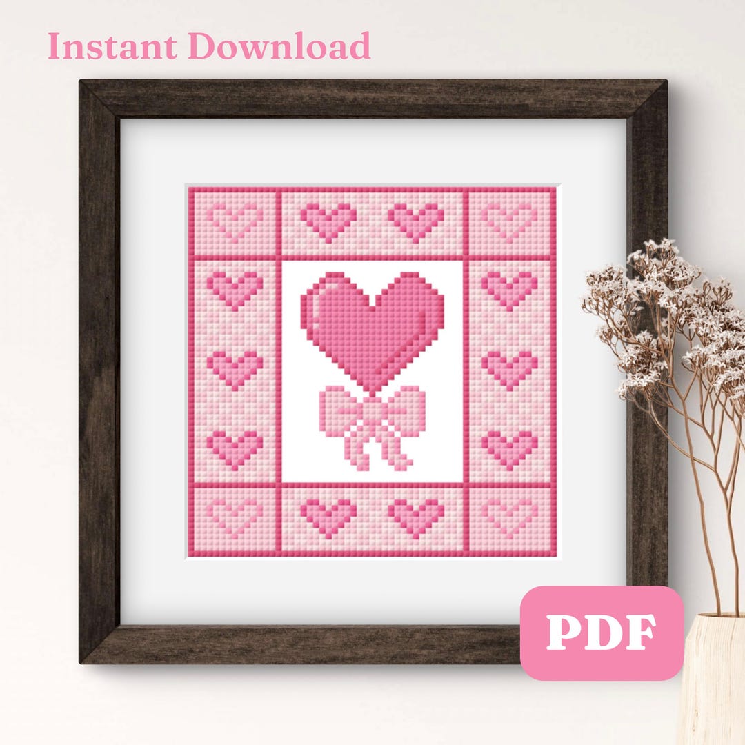 Heart and Bow Cross Stitch Pattern Girly Pink Valentine's Day Cross ...