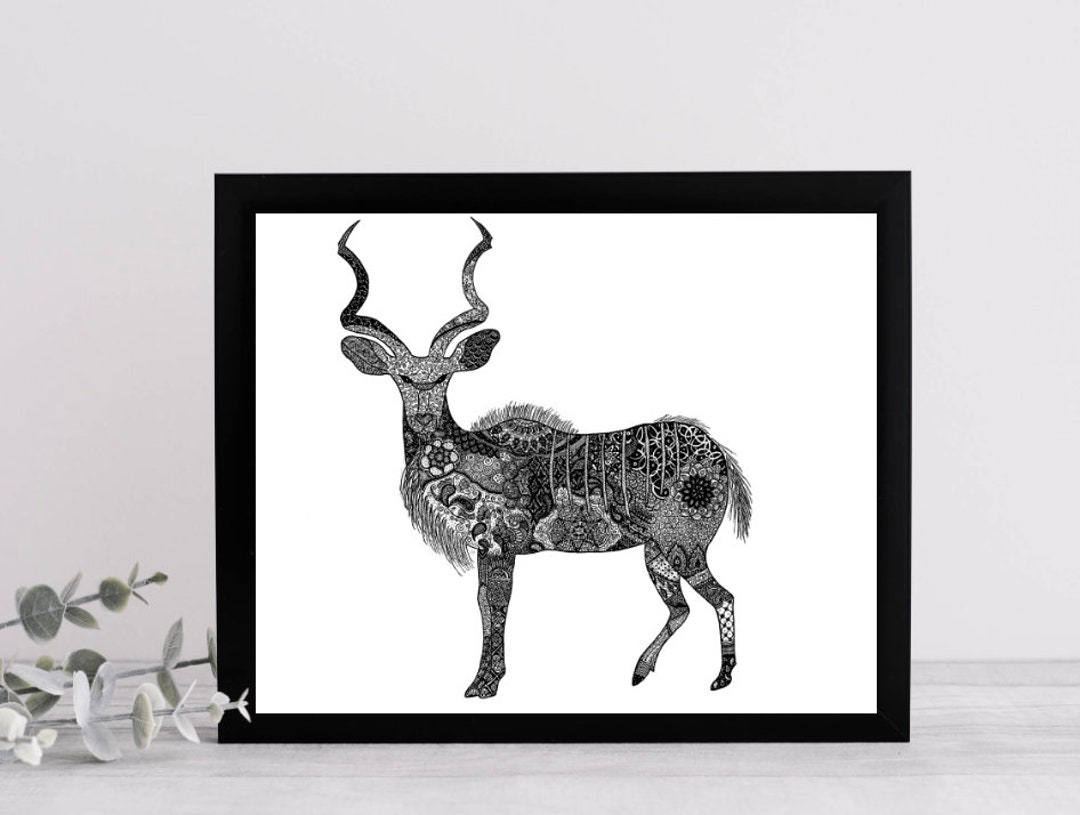 Kudu Animal Art Black and White Wall Art Drawing - Printable Digital ...