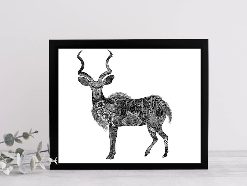 Kudu Animal Art Black and White Wall Art Drawing - Printable Digital ...